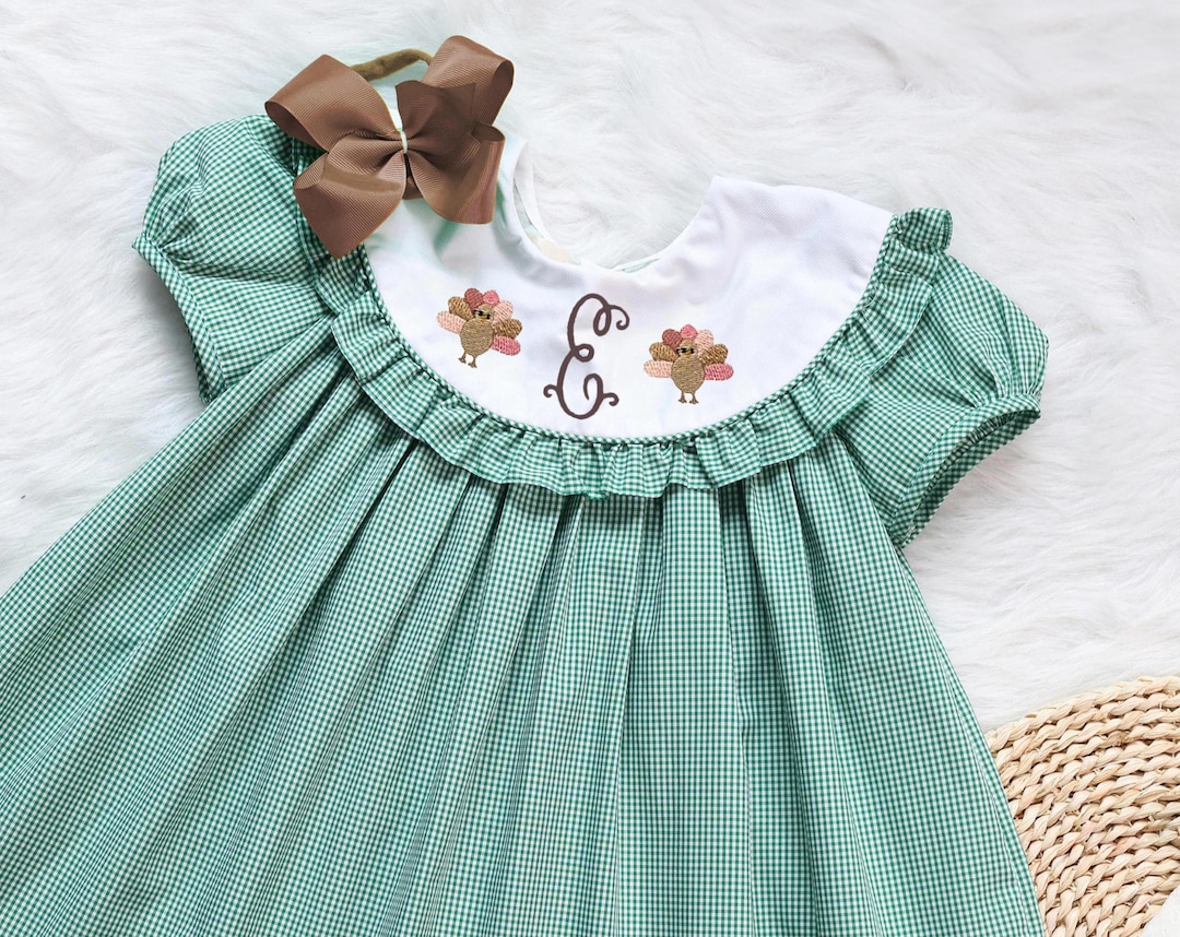 Smocked Turkey Thanksgiving Dress Green Fall Bishop Dress, Vintage ...