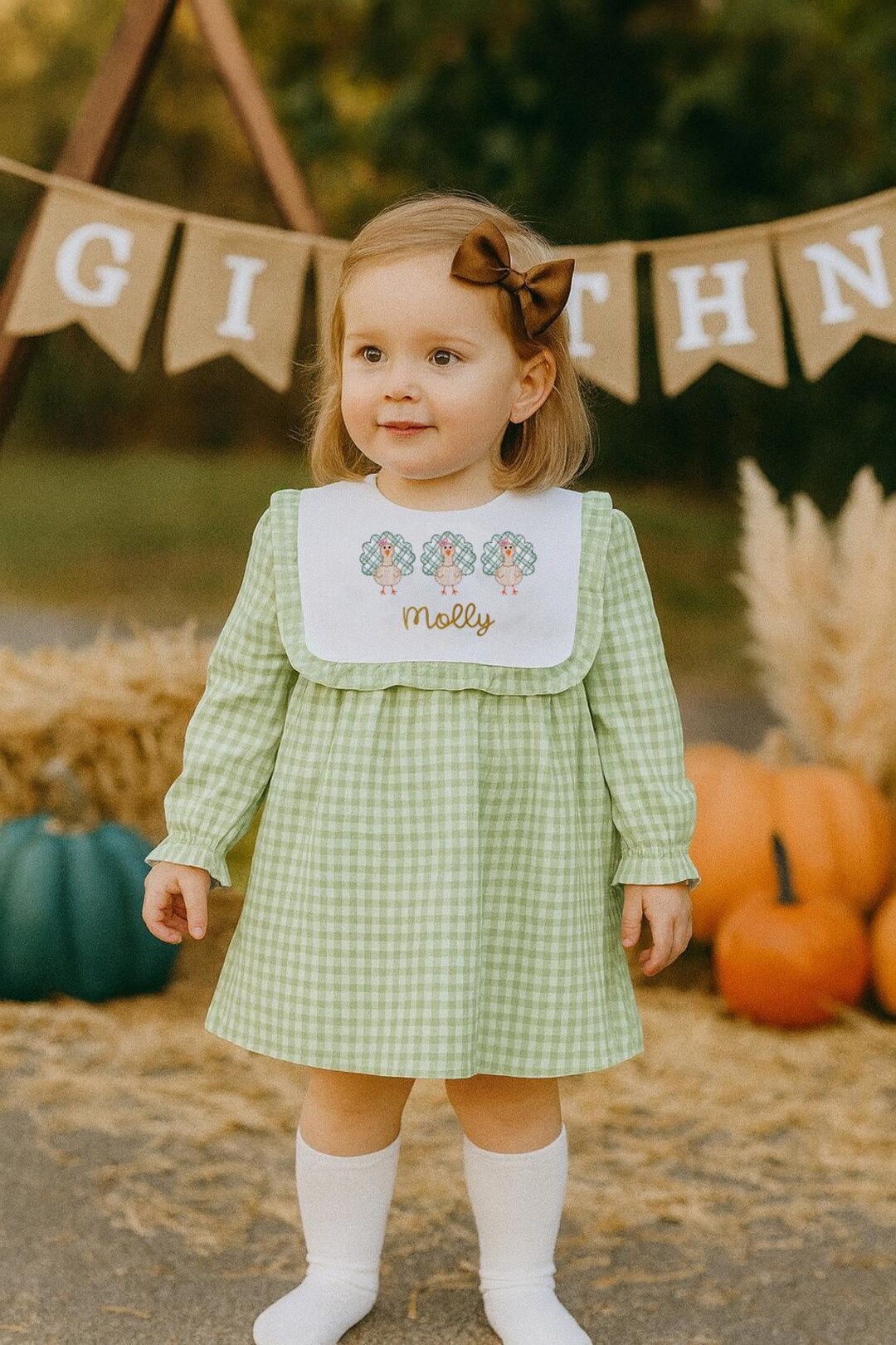 Girls Thanksgiving Dress, Girls Turkey Romper, Custom Name Embroidery ...