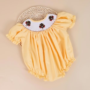Turkey Smocked Bubble Thanksgiving Romper in Yellow, Embroidered Turkeys Romper, Cute Fall ...