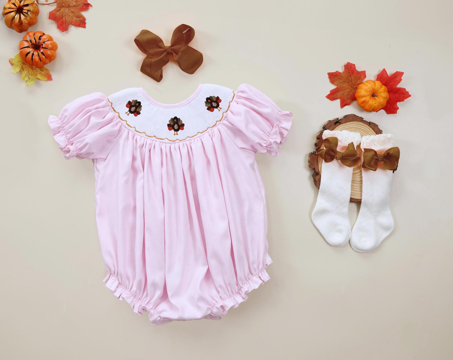 Turkey Smocked Bubble Thanksgiving Romper in Yellow, Embroidered ...