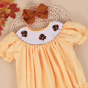 Turkey Smocked Bubble Thanksgiving Romper in Yellow, Embroidered Turkeys Romper, Cute Fall ...