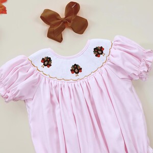 Turkey Smocked Bubble Thanksgiving Romper in Yellow, Embroidered Turkeys Romper, Cute Fall ...