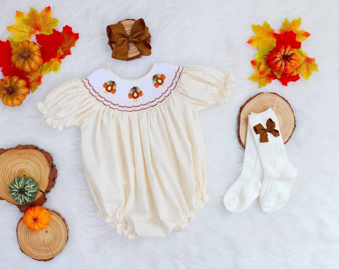 Turkey Smocked Bubble Thanksgiving Romper in Yellow, Embroidered Turkeys Romper, Cute Fall ...