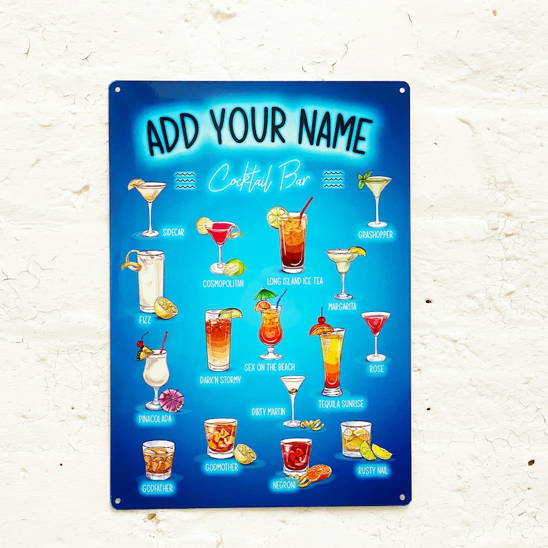 Personalized Cocktail Bar Metal Sign - Neon Effect Wall Art - Etsy