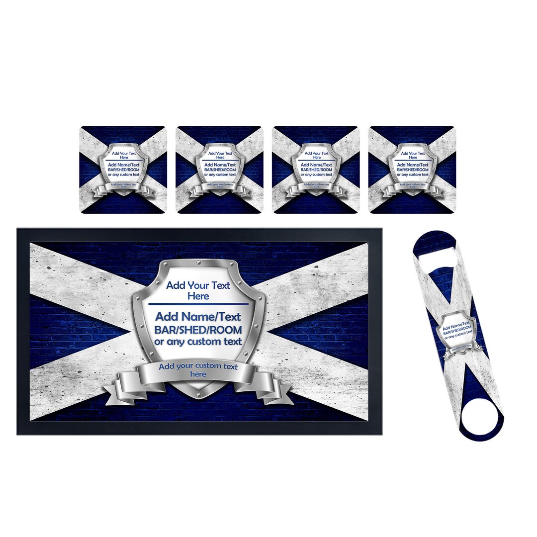 Scotland Scottish Flag Design Personalised Bar Set - Bar Mat, Wooden ...