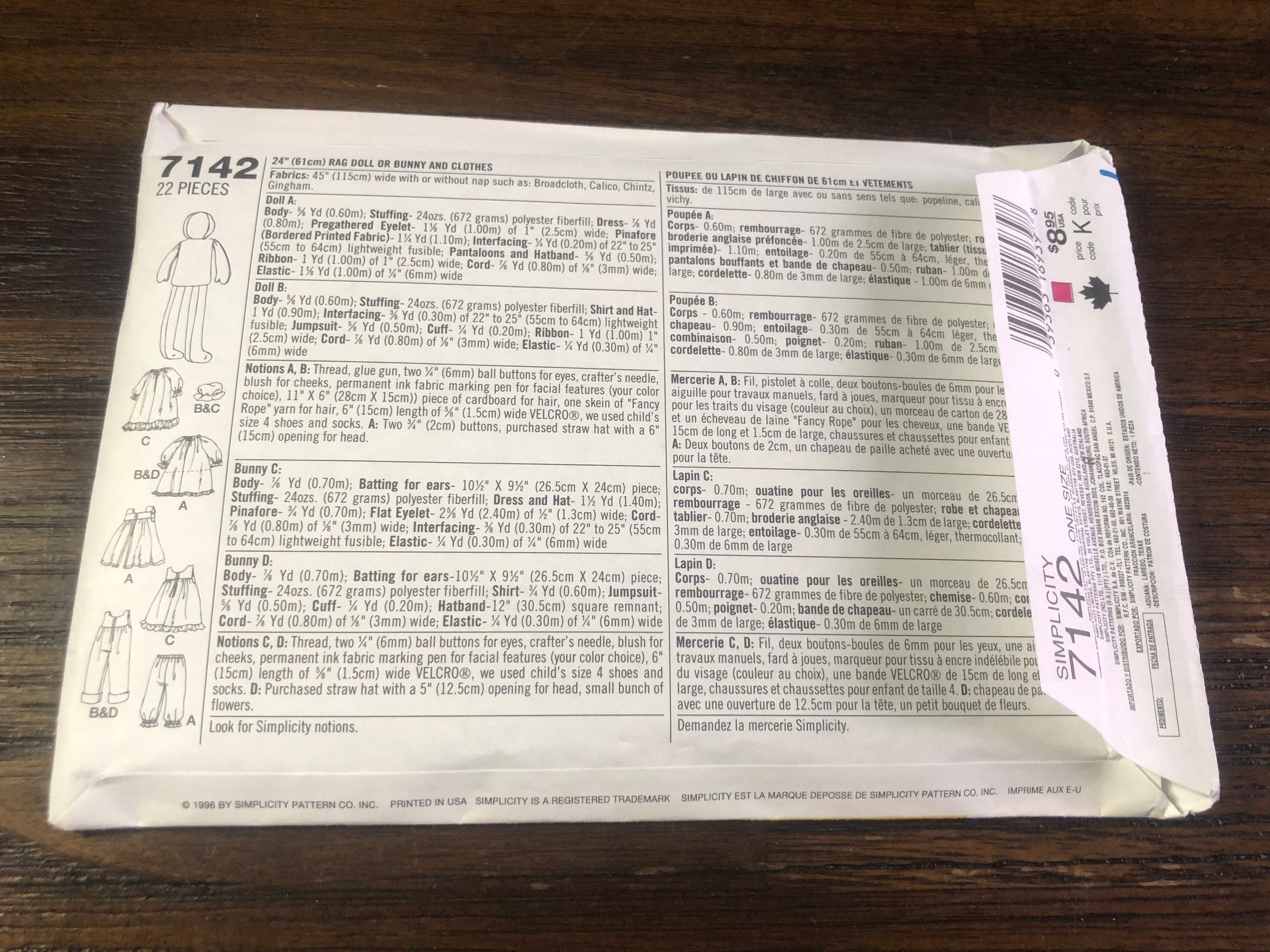 Vintage Uncut Simplicity Sewing Pattern 7142 Rag Doll or Bunny Craft ...