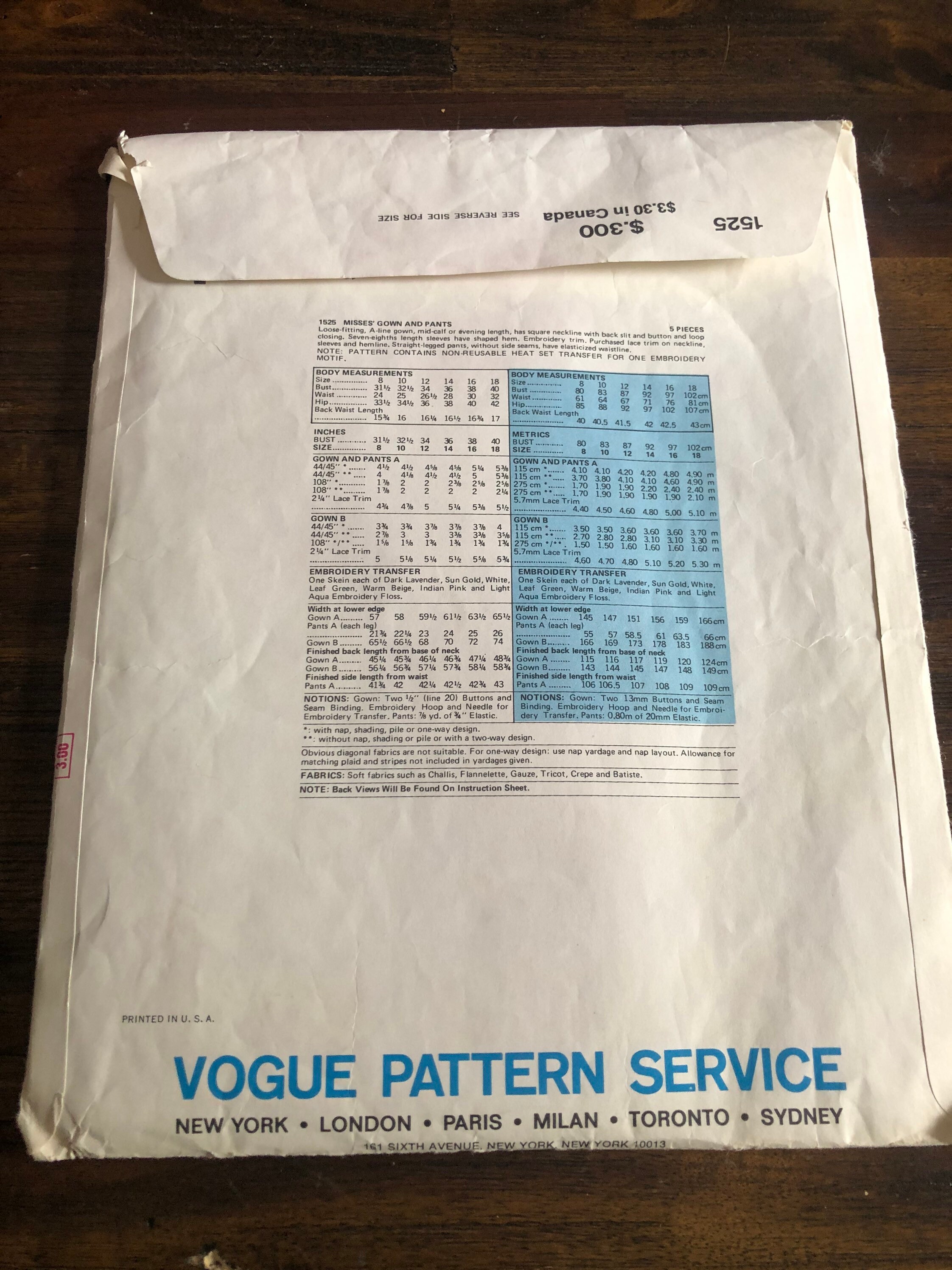 Vintage Precut Complete Vogue Sewing Pattern 1525 Gown and Pants Size ...