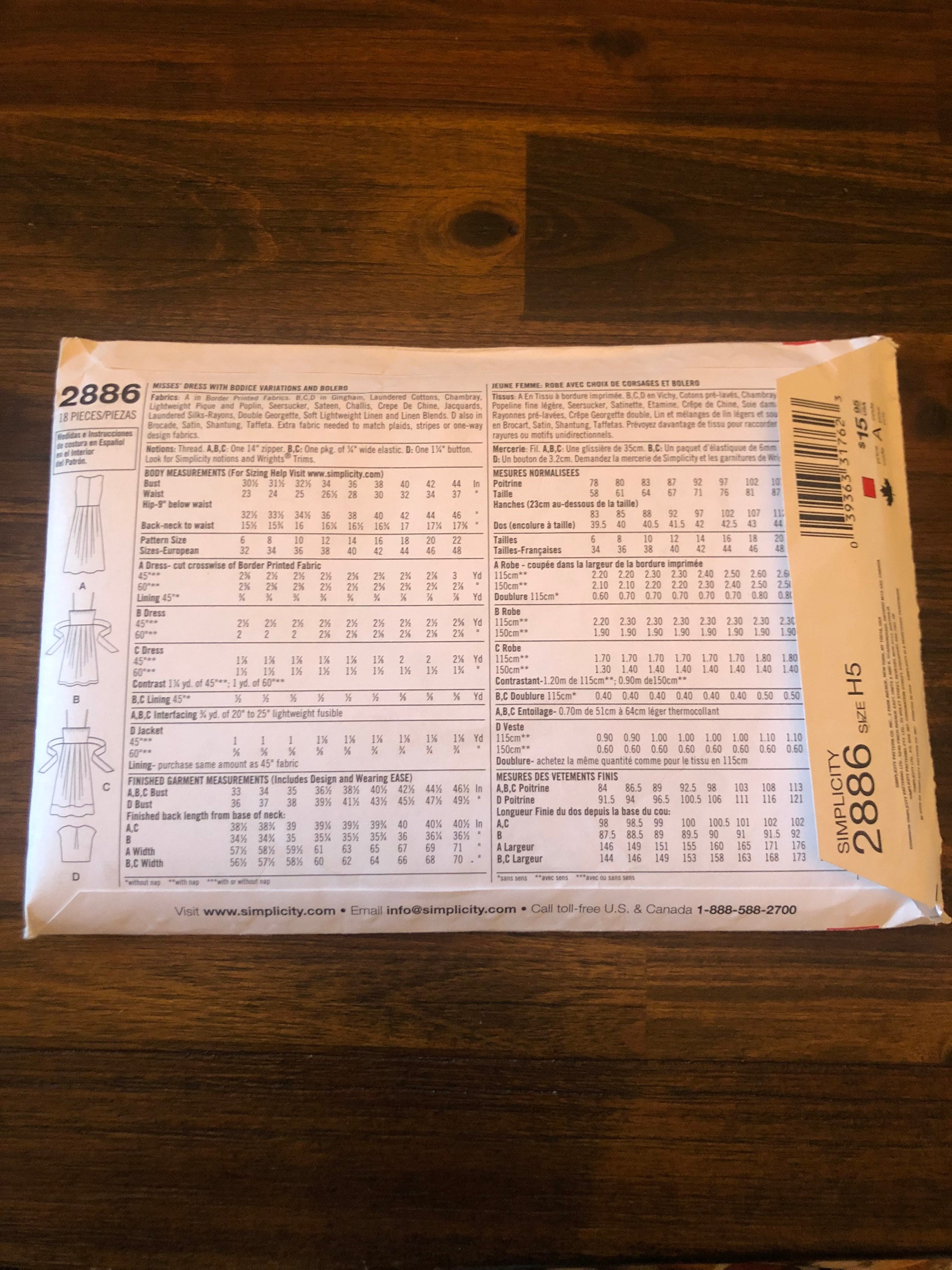 Uncut Simplicity 2886 Sewing Pattern Misses Dress W/ Bodice Variations ...