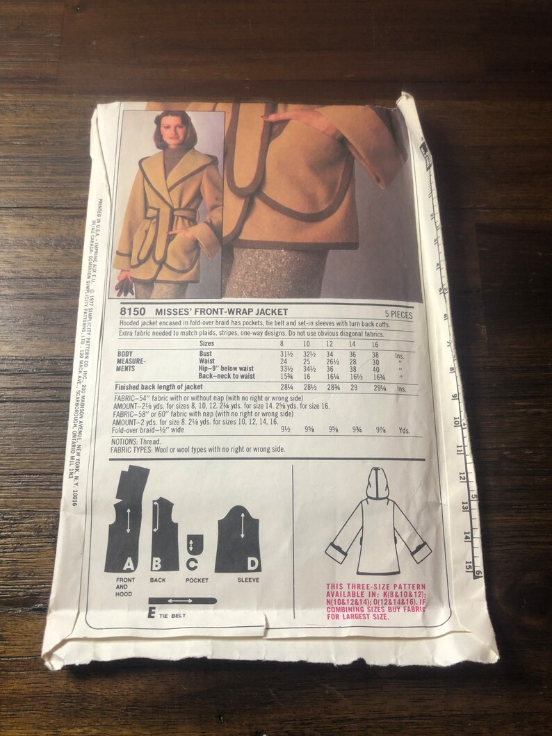 Vintage Precut Simplicity Sewing Pattern 8150 Front Wrap Jacket Size 12 ...