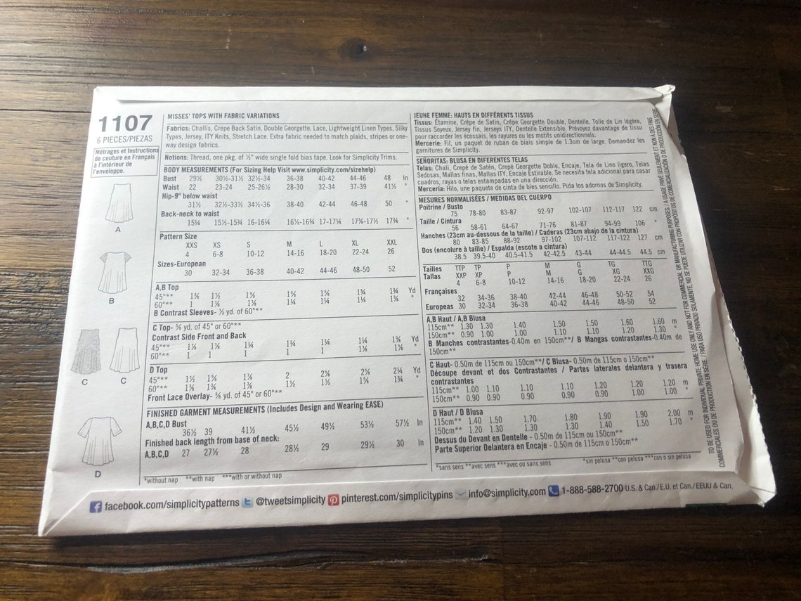 Uncut Simplicity Sewing Pattern 1107 Tops With Fabric Variations Size ...