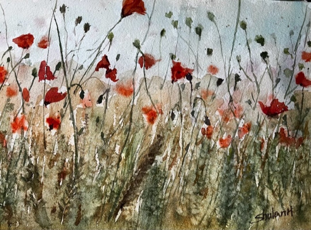 Original Watercolor Painting, Poppy Field Landscape, Handmade, Hand ...