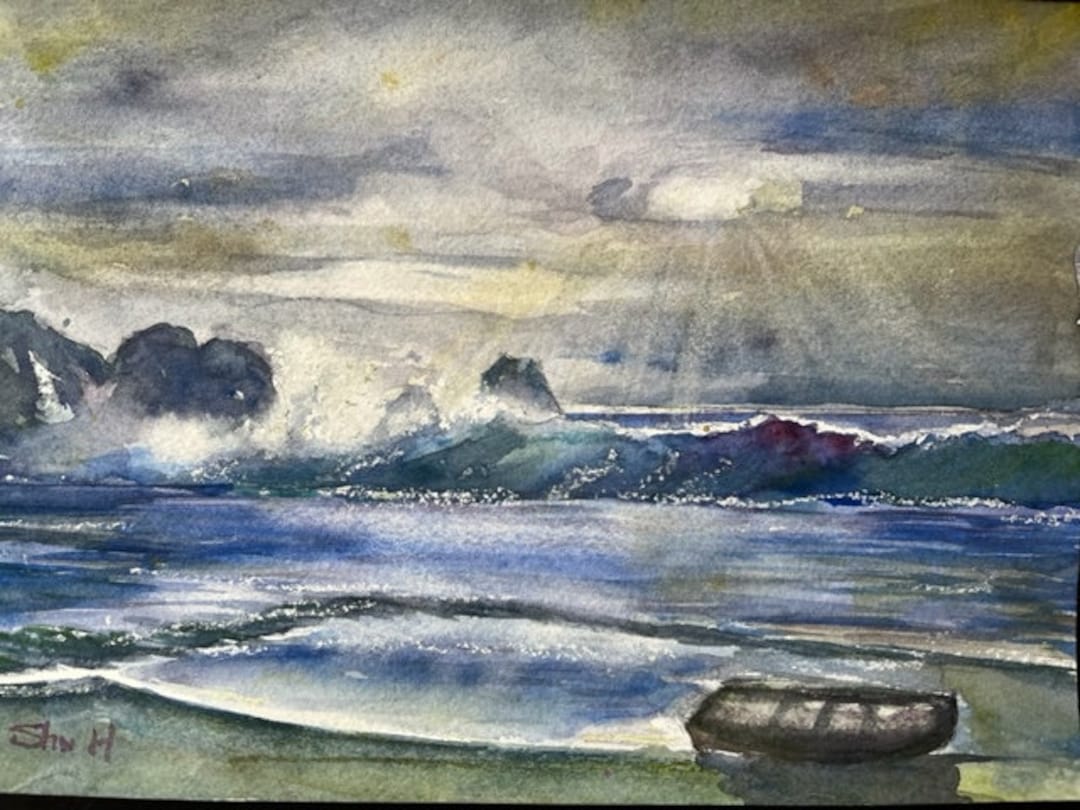 Original Watercolor Painting, Sun Rays Over the Ocean Landscape ...