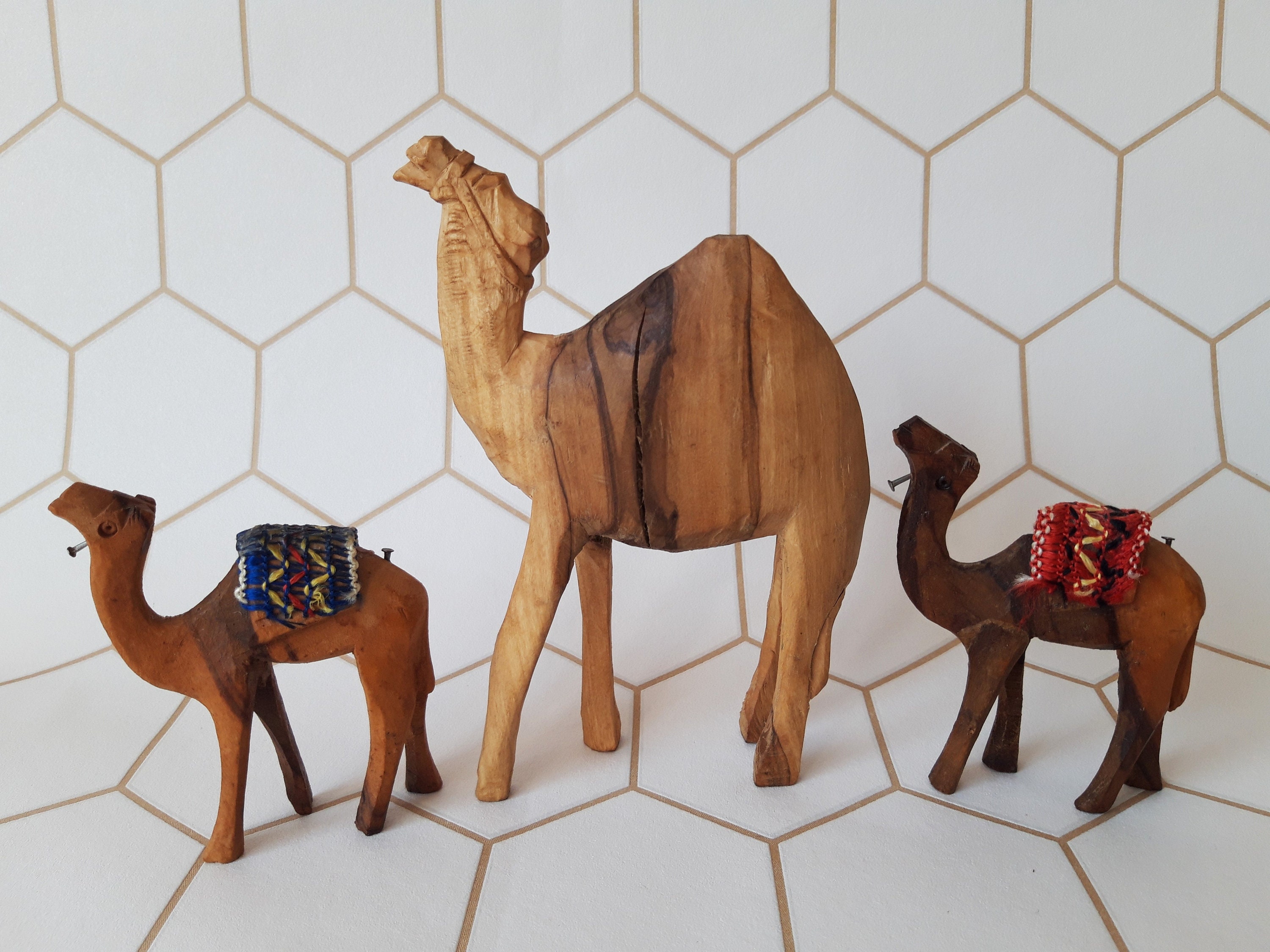 Vintage 3 Hand Carved Wood Camels Statue, Carved Wooden Camel Figurine ...