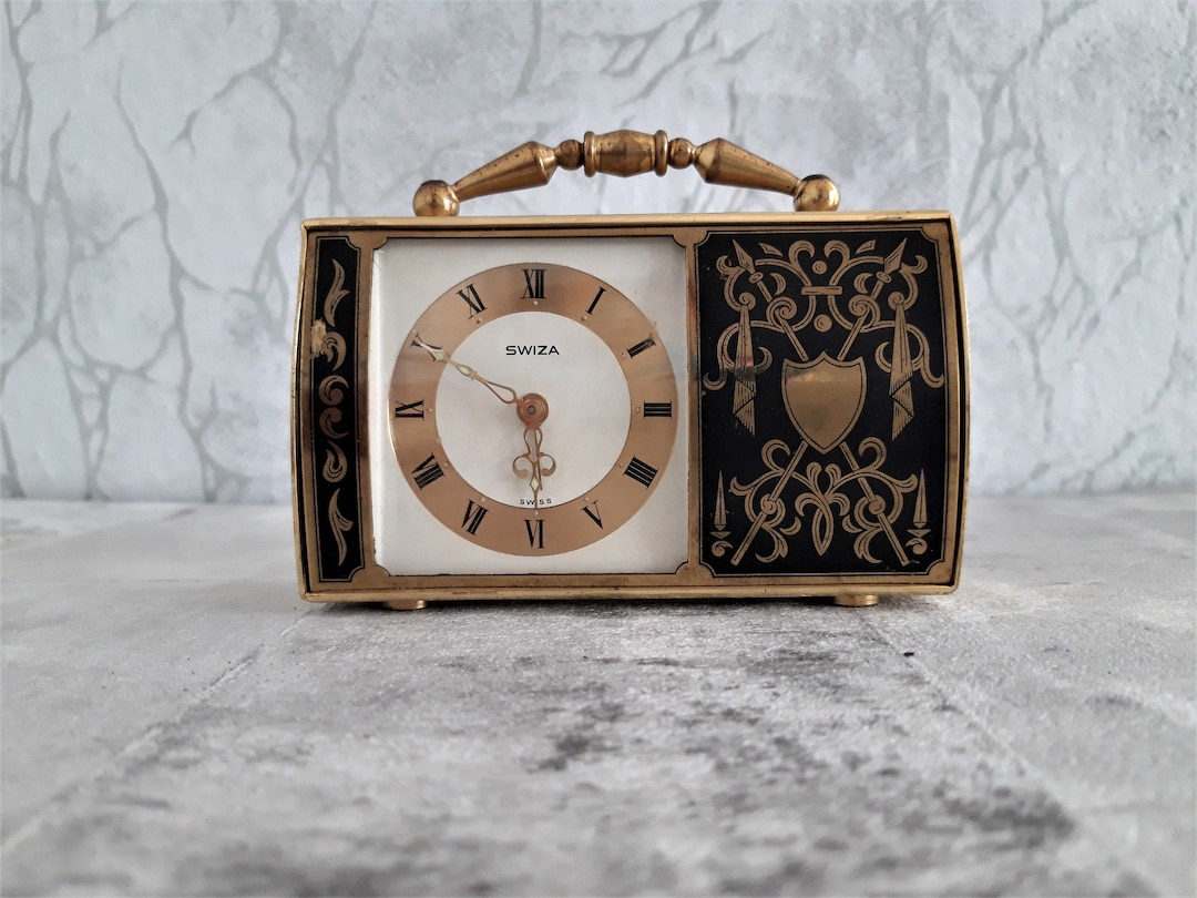 Swiza Watch, Table Clock, Vintage Brass Alarm Clock, Rare Brass Alarm ...
