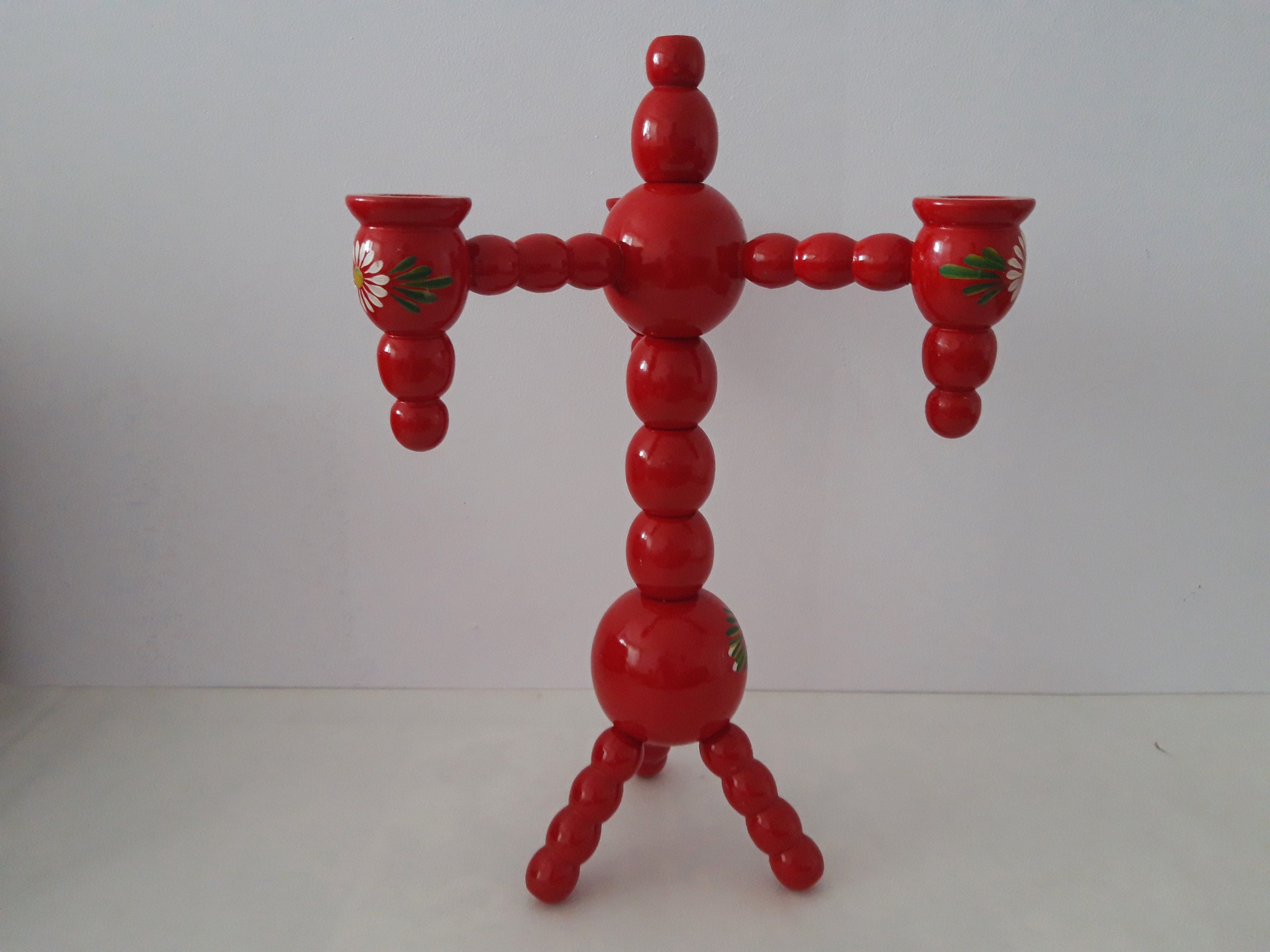 Vintage Swedish Candelabra, Red Candelabra for 3 Candles, Wooden Candle ...