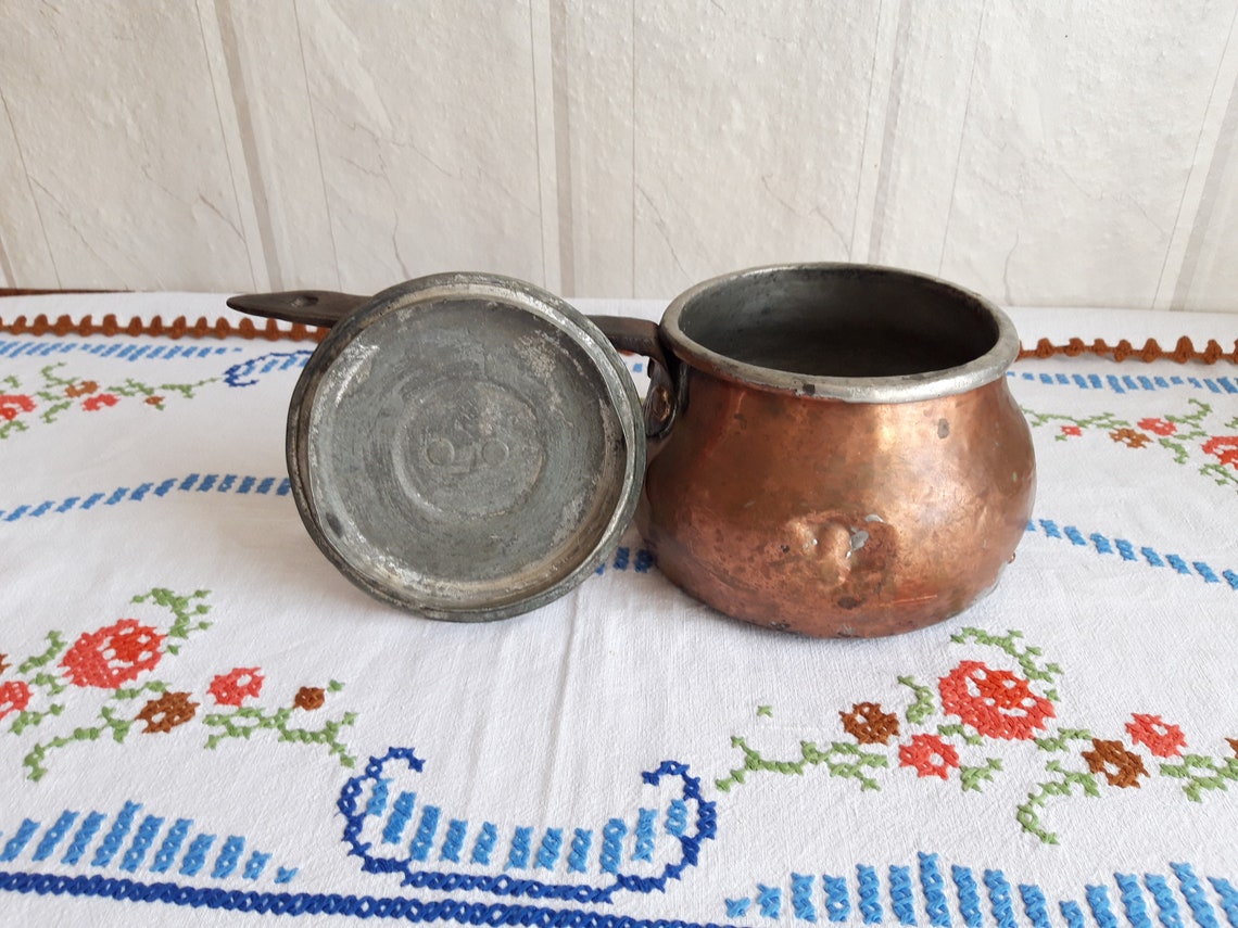 Vintage Copper Vessel With Lid, Long Wrought Iron Handle, Vintage ...
