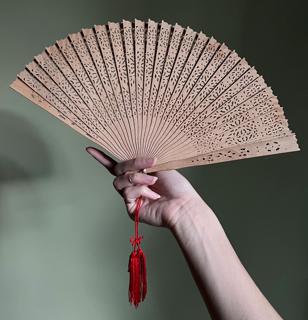 Vintage Wooden Hand Fan, Folding Fan With Woodcut Design - Etsy