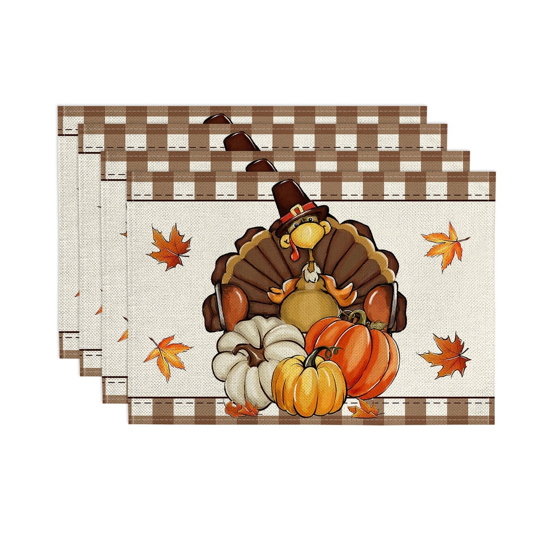 Thanksgiving Thankful Turkey Placemats, Buffalo Plaid Pumpkin Maple ...