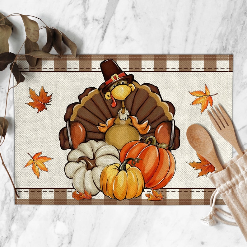 Thanksgiving Thankful Turkey Placemats, Buffalo Plaid Pumpkin Maple ...