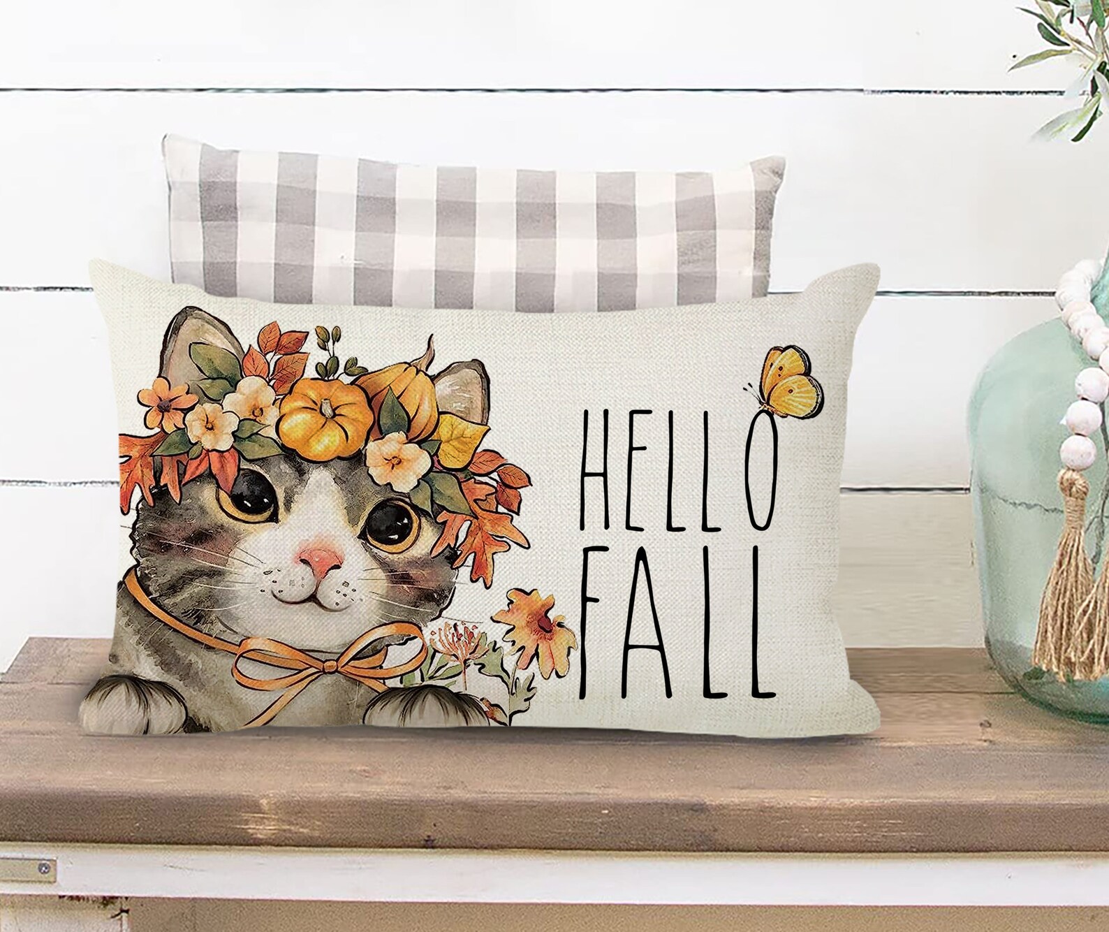 Hello Fall Pillow Cover Cute Cat Pillow 12x20 In Farmhouse - Etsy