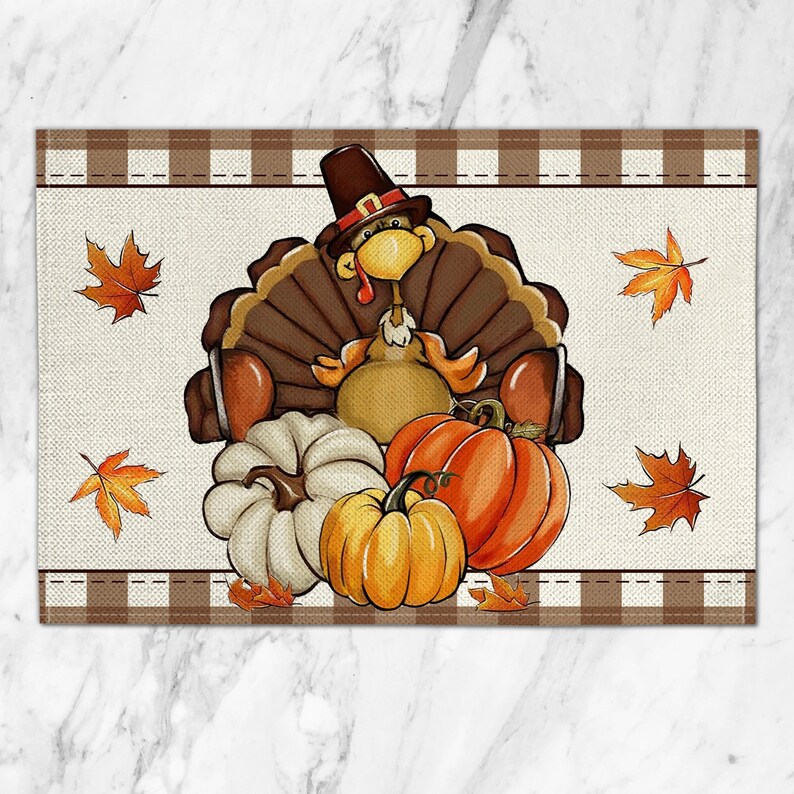 Thanksgiving Thankful Turkey Placemats, Buffalo Plaid Pumpkin Maple ...