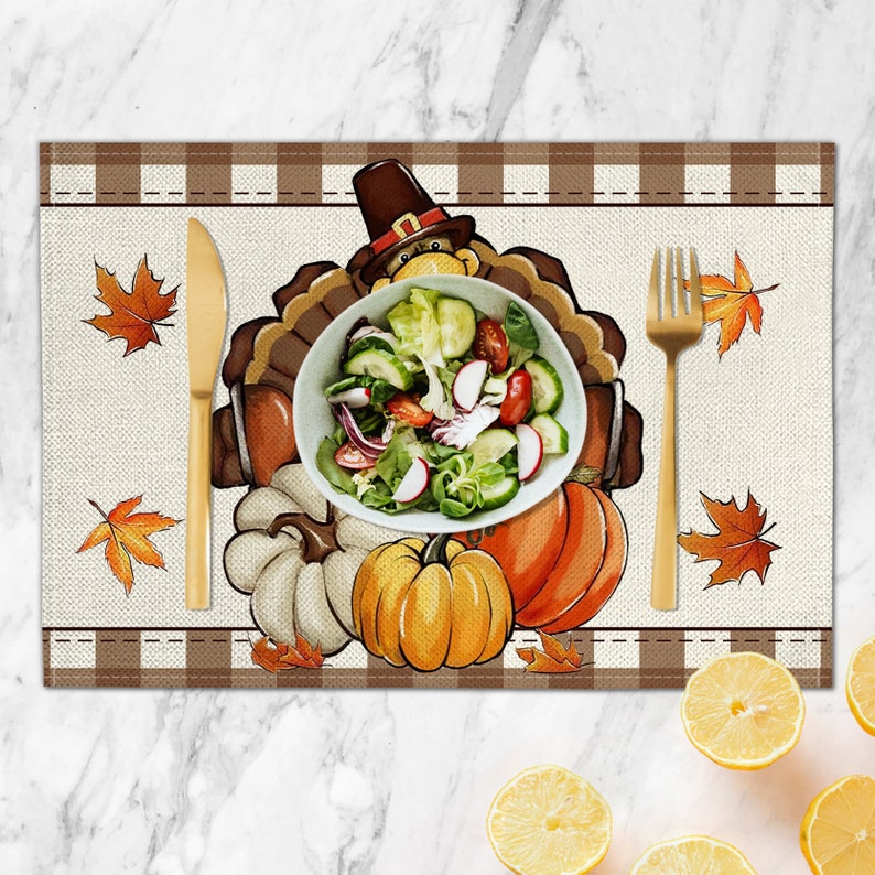 Thanksgiving Thankful Turkey Placemats, Buffalo Plaid Pumpkin Maple ...