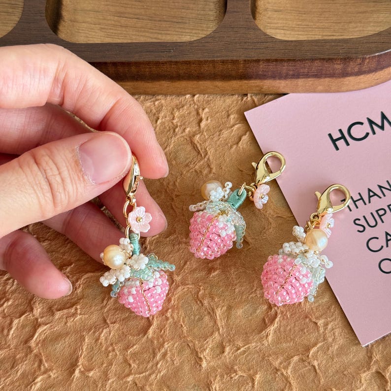 Handmade Pearl Strawberry Charm for Purse Handbags Bag Accessories Key ...