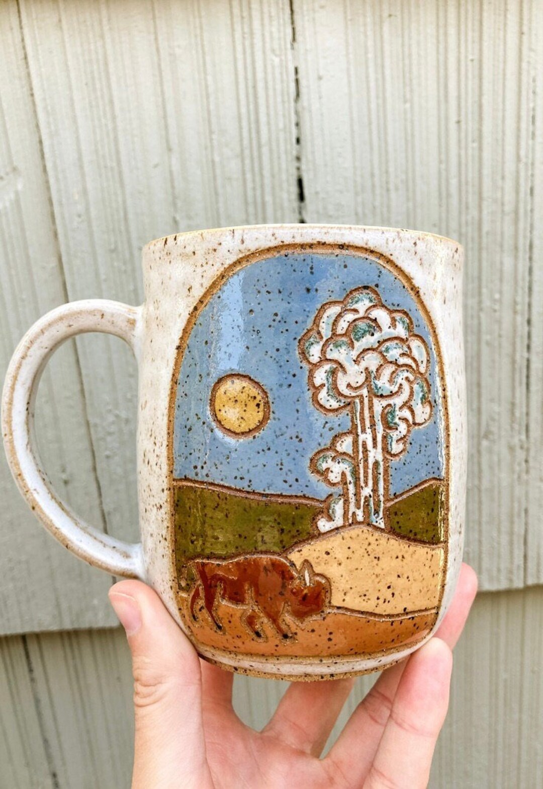 Old Faithful Geyser Yellowstone National Park Bison Handmade Pottery ...