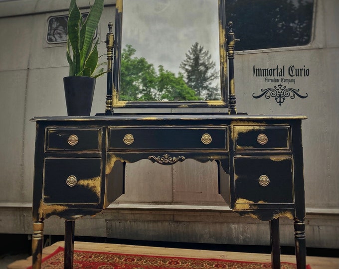Gothic Black and Gold Vanity, Goth Vanity, Painted Distressed Gilded ...