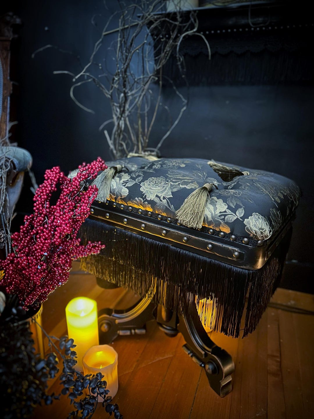 Vintage Gothic Piano Bench, Gold Floral Reupholstered Stool, Gothic ...