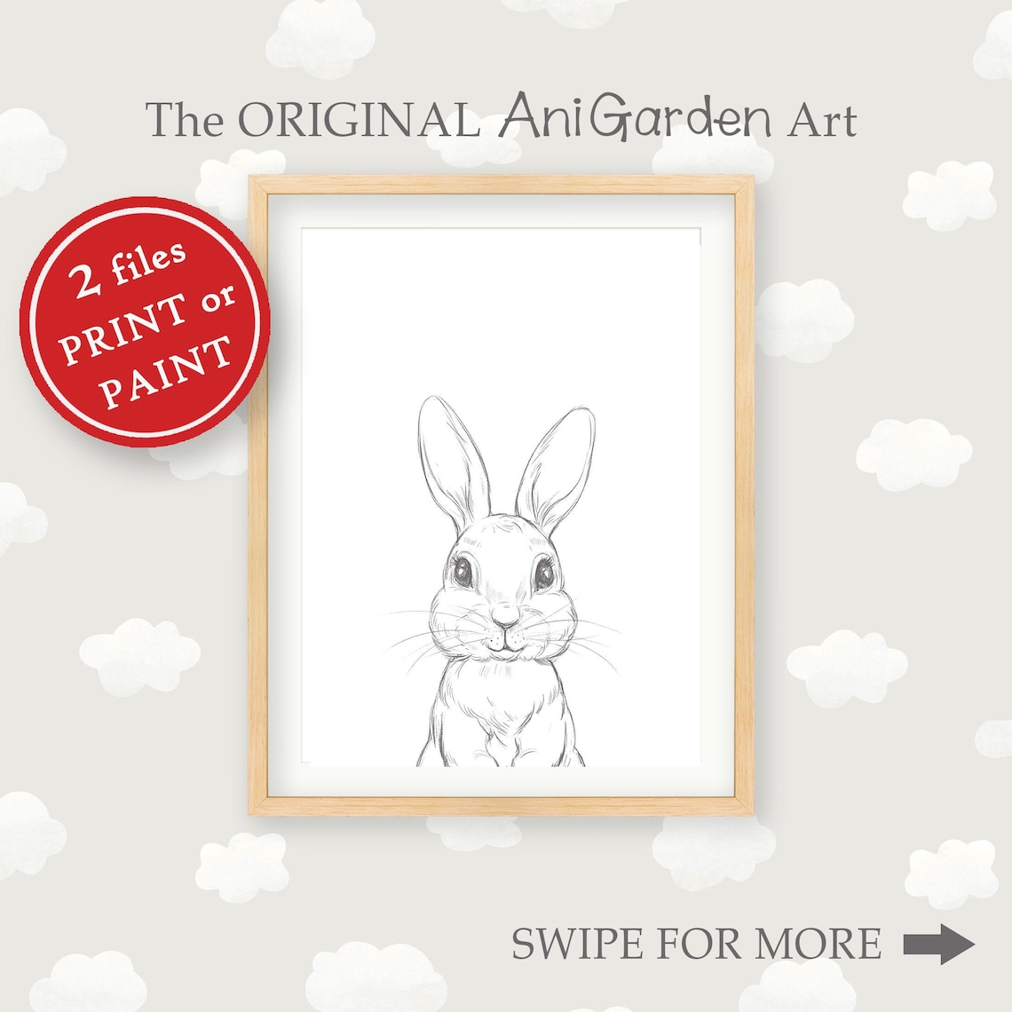 Original Bunny Rabbit Printable Drawing for Nursery Wall Art Decor, 2 B ...