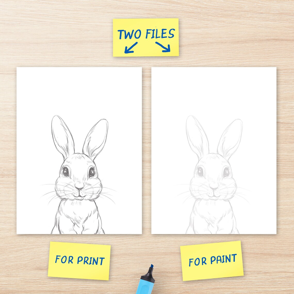 Original Bunny Rabbit Printable Drawing for Nursery Wall Art Decor, 2 B ...