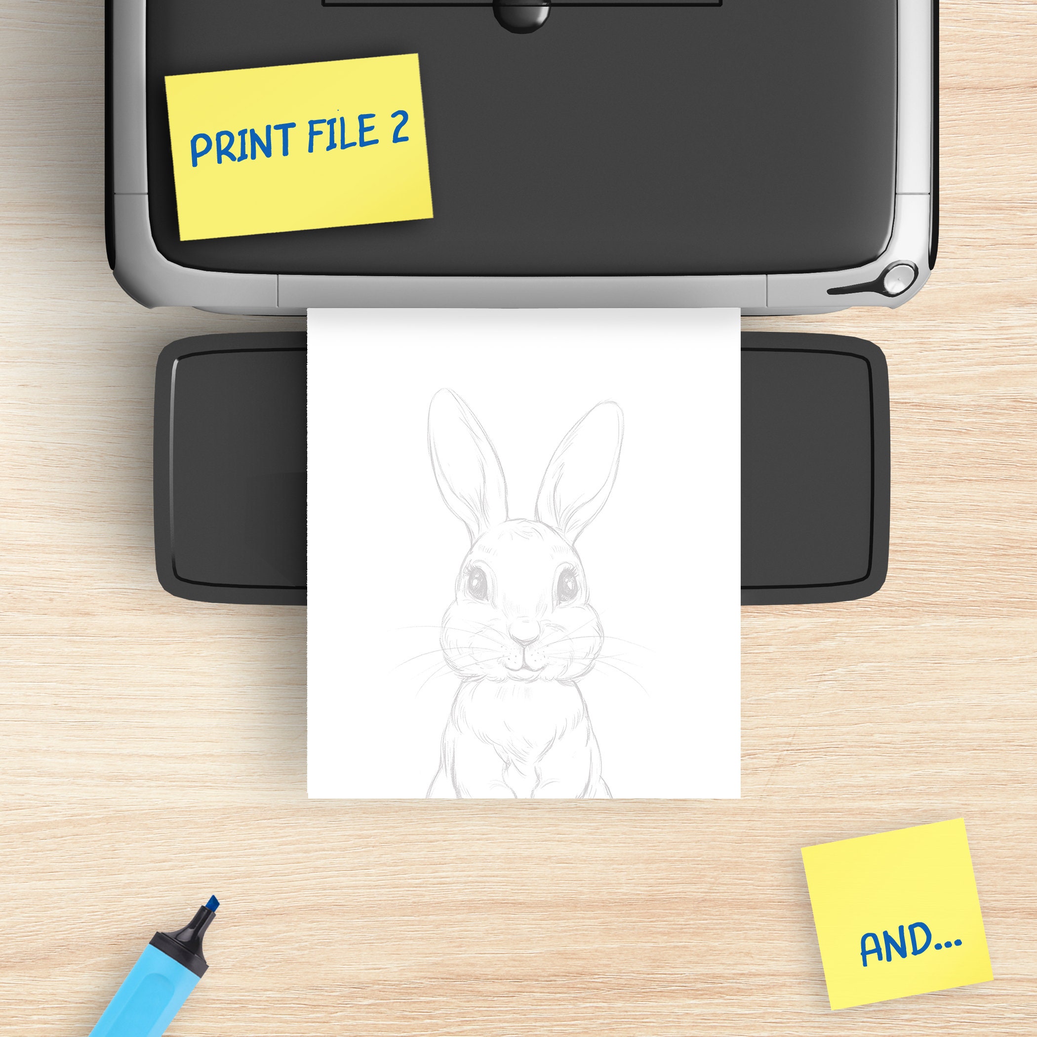 Original Bunny Rabbit Printable Drawing for Nursery Wall Art Decor, 2 B ...