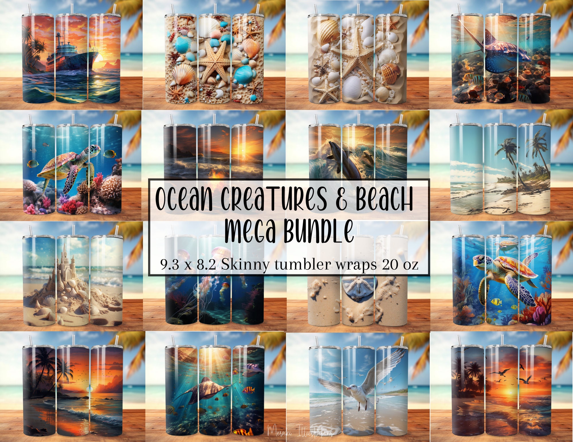 Ocean Creature Tumbler Wraps, Beach Tumbler Wraps Bundle 20oz Skinny ...