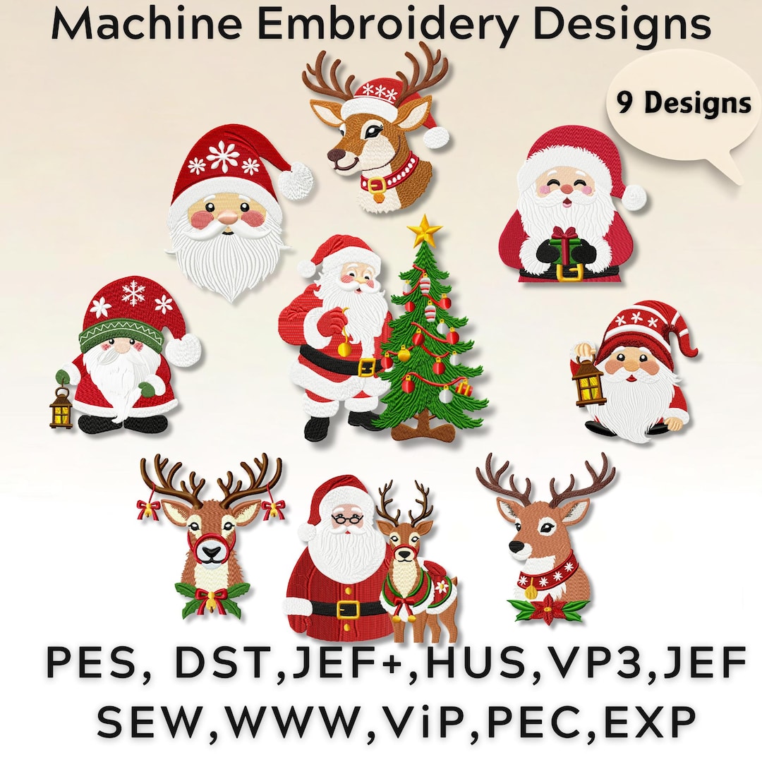 Christmas Embroidery Designs: Santa & Reindeer (9 Designs) (digital ...