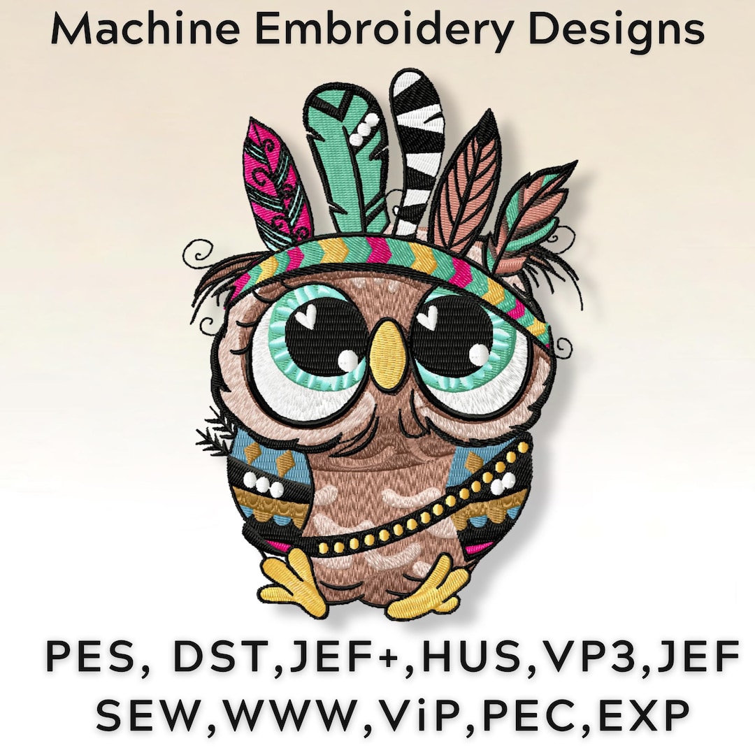 Boho Owl Machine Embroidery Design,cute Owl With Feathers,available in ...