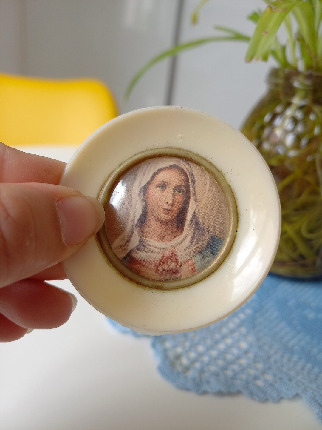 Vintage Our Lady Metal Figurine | Small Plate and a Green Triangle With ...