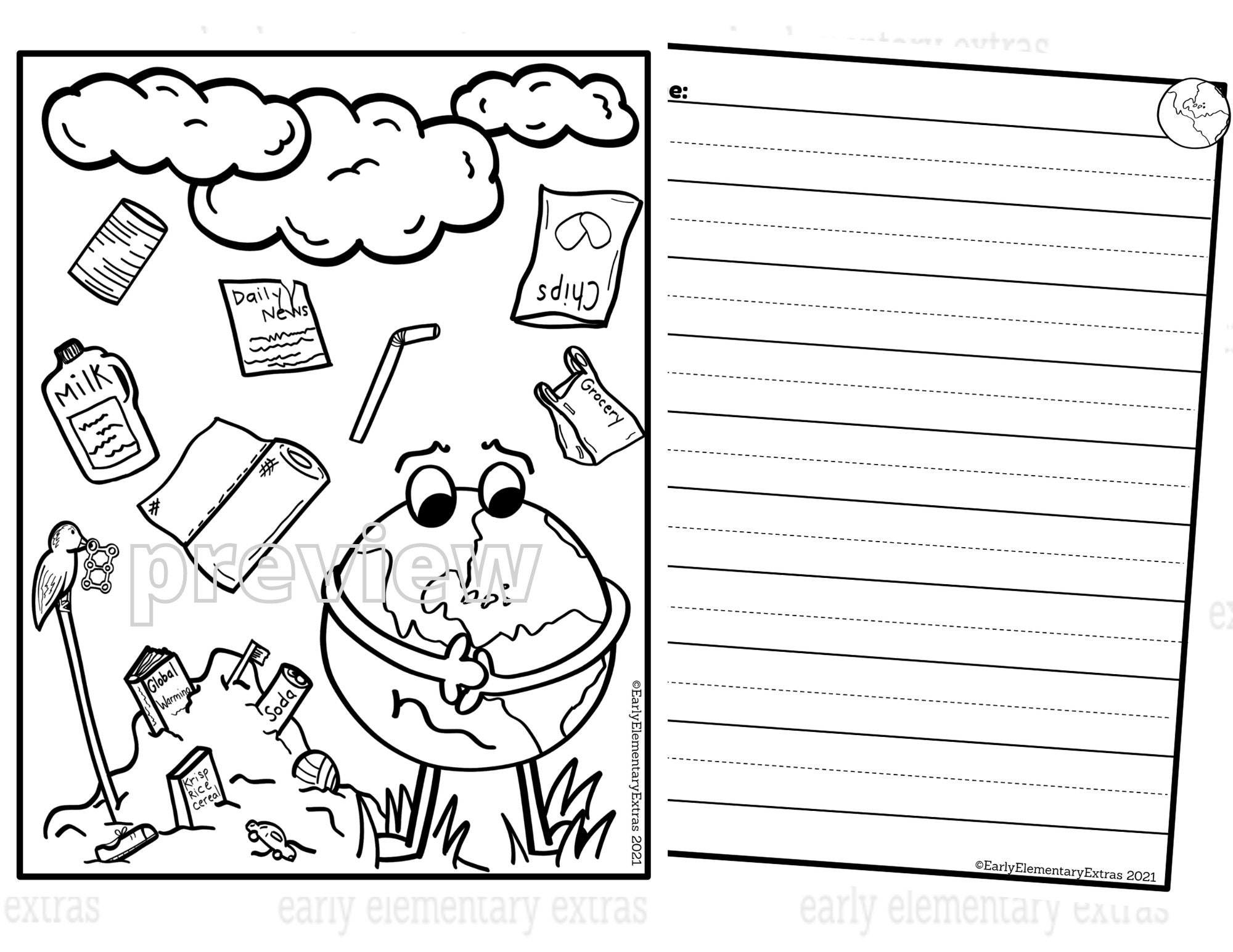 Earth Day Coloring Pages for Kids and Writing Paper, Writing Prompt ...