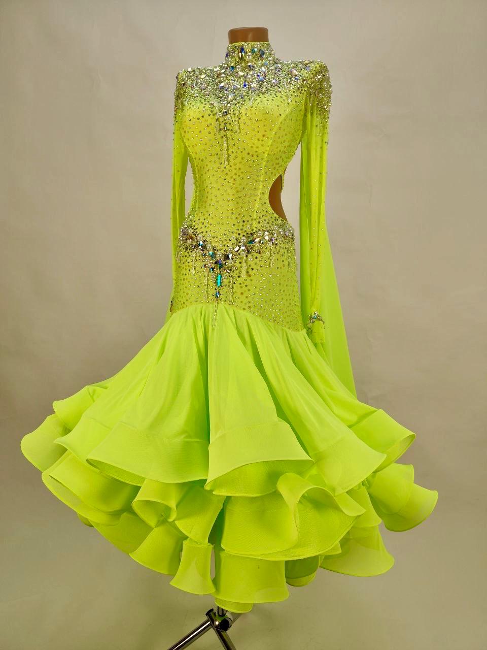 Custom Neon Yellow Ballroom Dance Dress With Swarovski Crystals ...