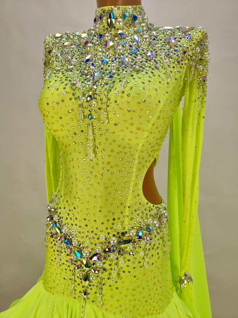 Custom Neon Yellow Ballroom Dance Dress With Swarovski Crystals ...