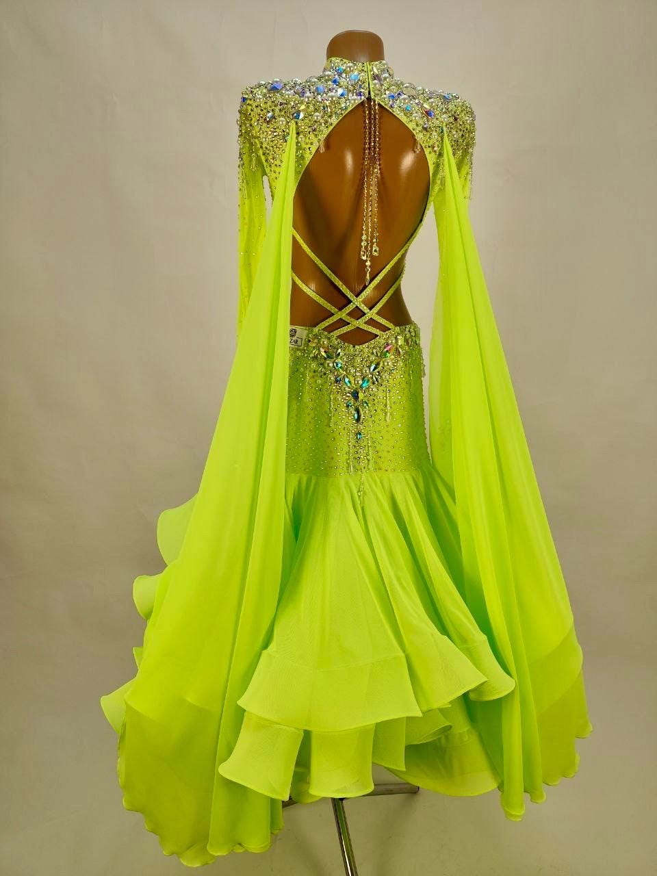 Custom Neon Yellow Ballroom Dance Dress With Swarovski Crystals ...
