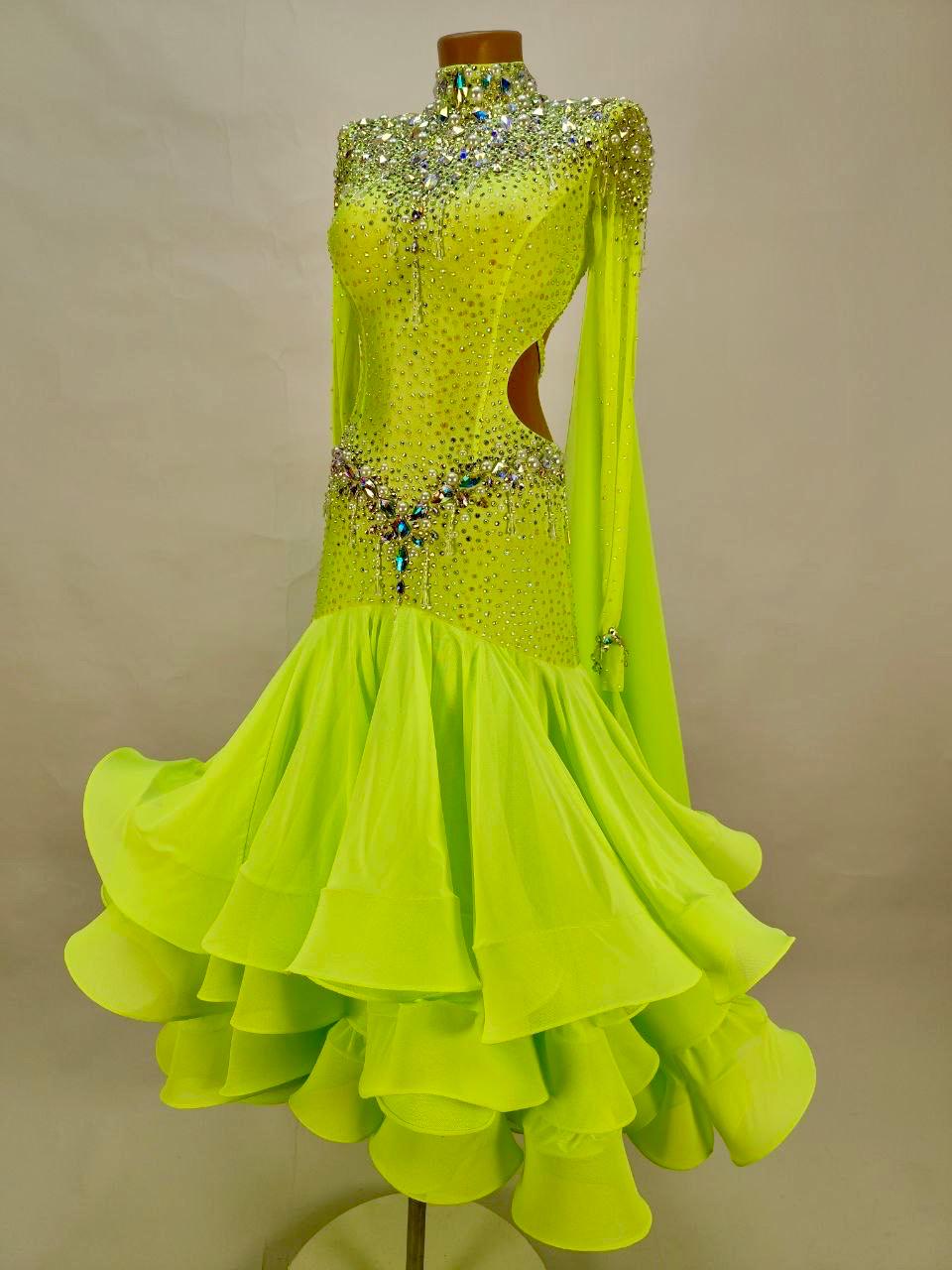 Custom Neon Yellow Ballroom Dance Dress With Swarovski Crystals ...
