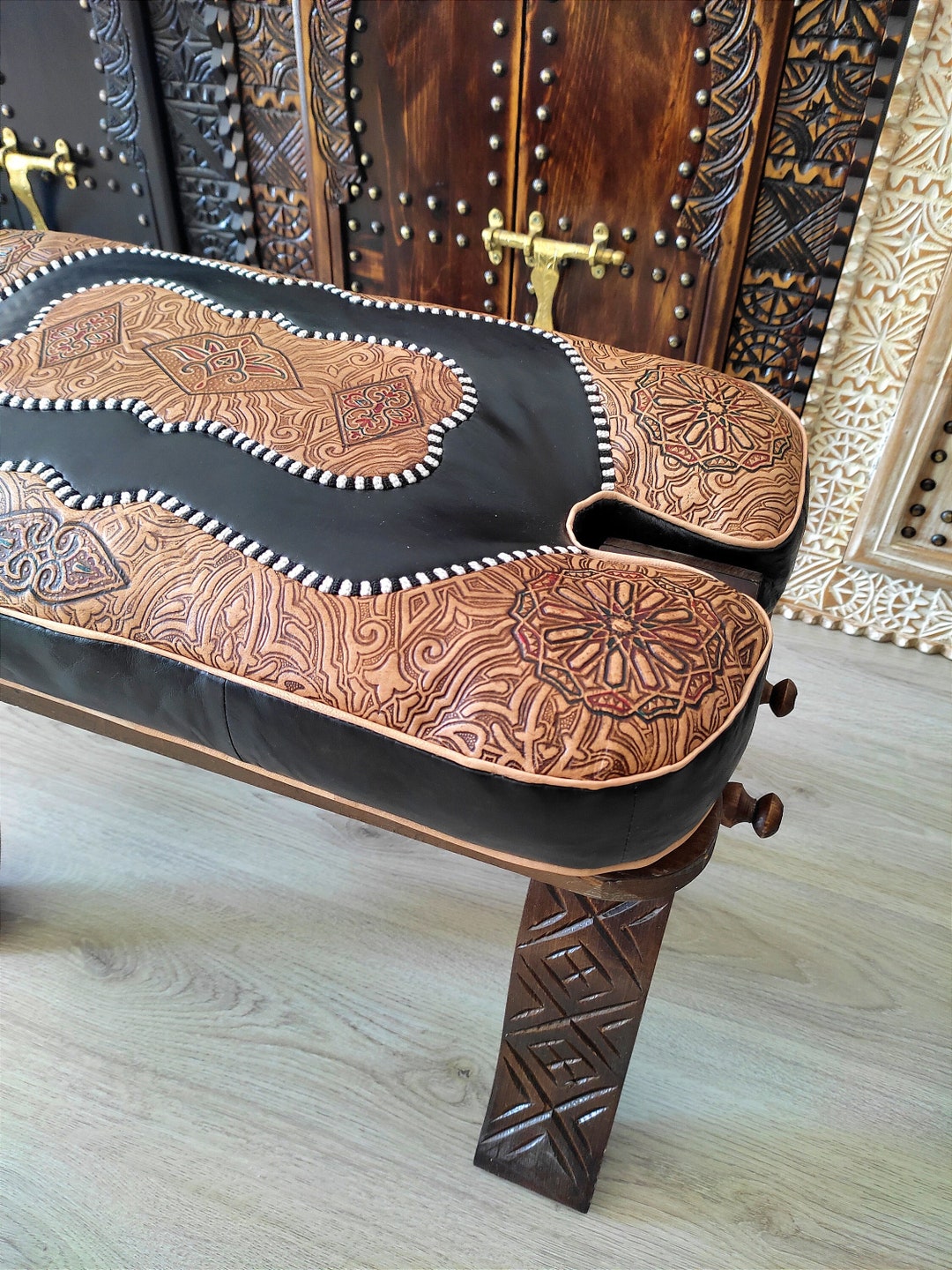Black Arabesque Stool, Camel Saddle Stool in Moroccan Style With ...