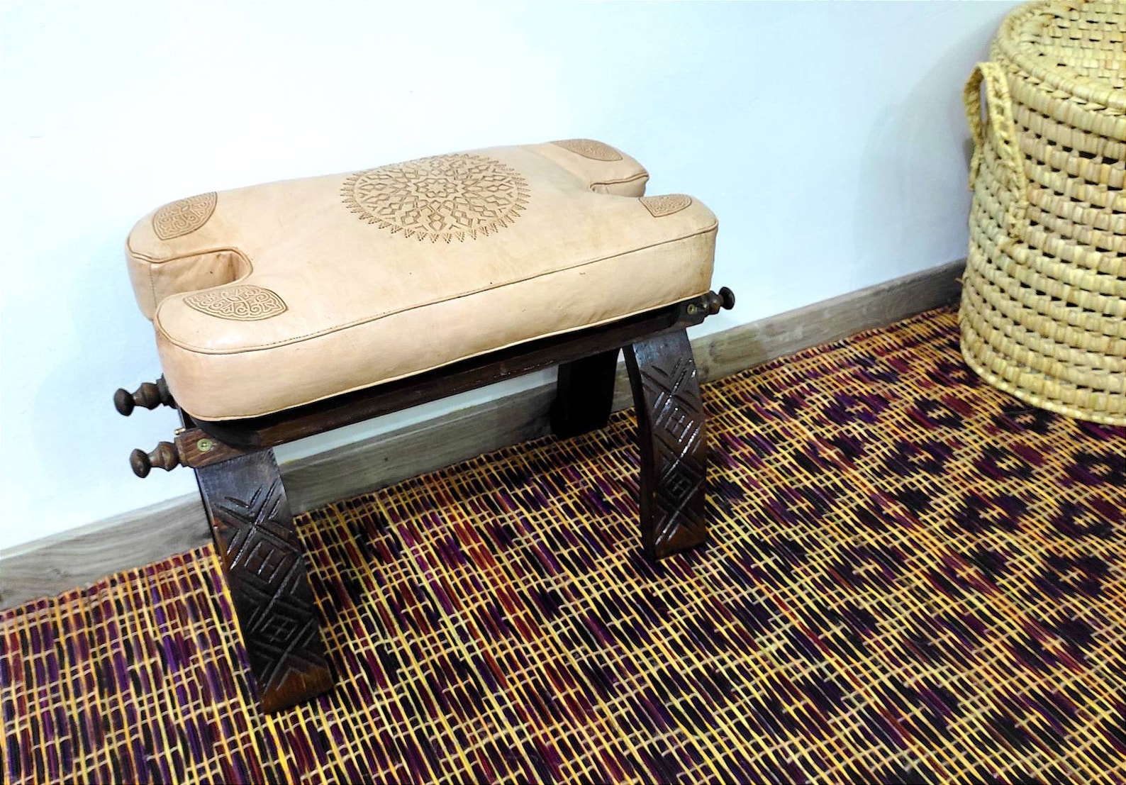 Handmade Moroccan Footstool Carved Wooden Stool With Genuine | Etsy