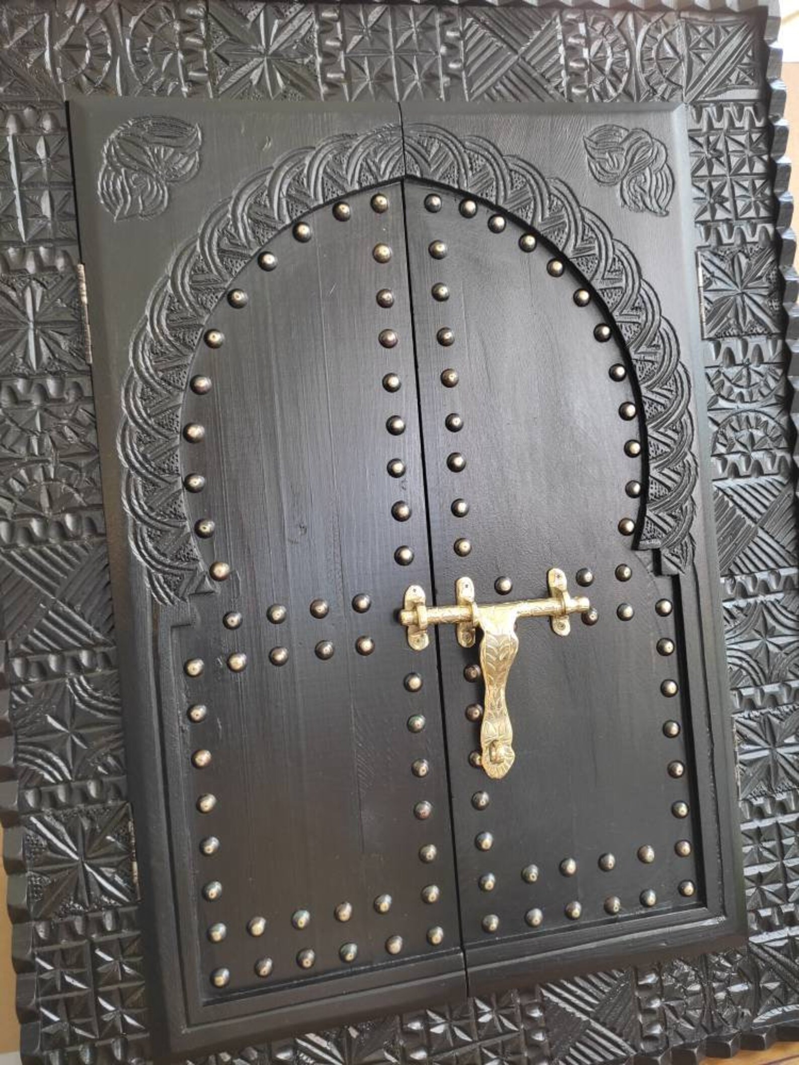 Hand Carved Wooden and Brass Wall Window, Moroccan Vintage Style Wooden ...