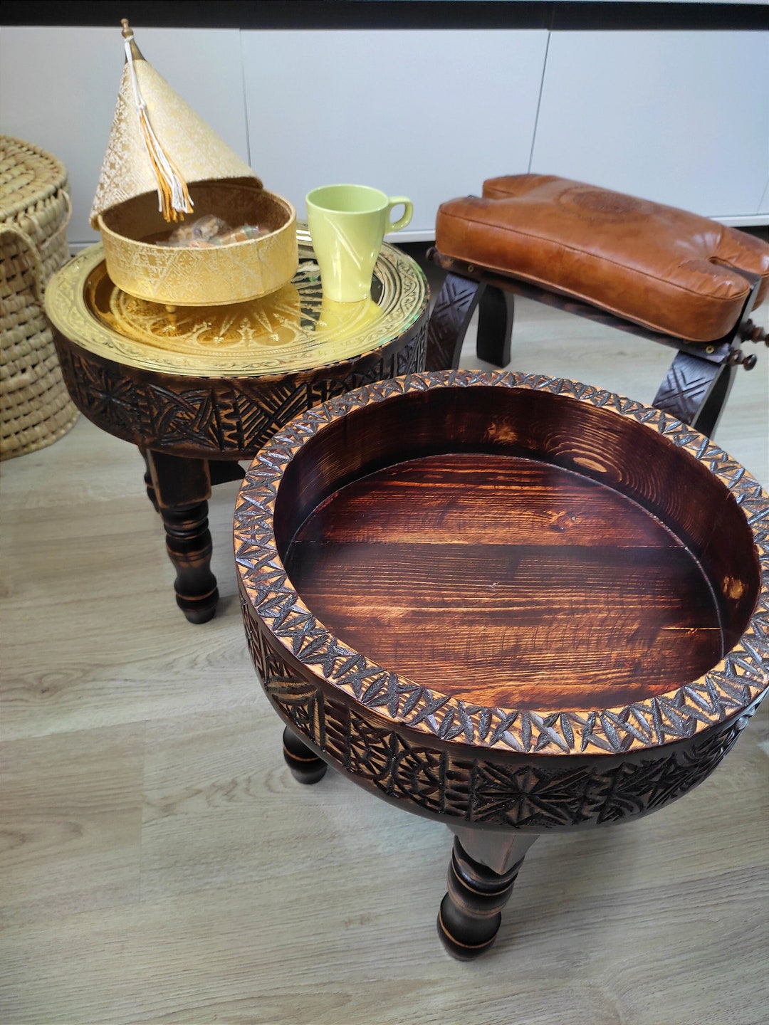 Moroccan Handcarved Wooden End Table Withe Removable Top Brass Tray ...
