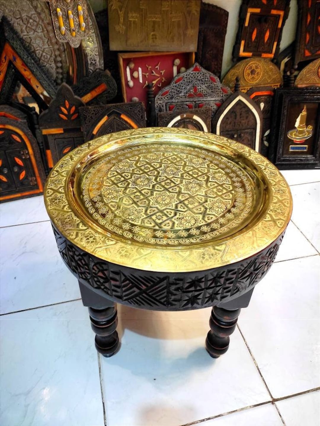 Moroccan Vintage Style Wooden Table, Engraved Copper Tray, Arabian Side ...