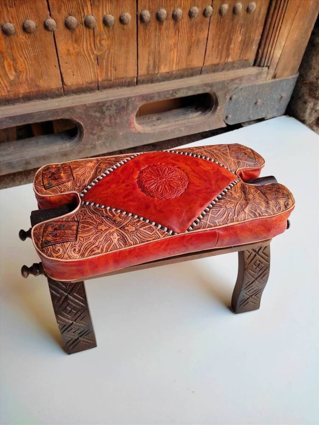 Handmade Wooden Stool With Genuine Leather Cushion and Beautiful Arabic ...