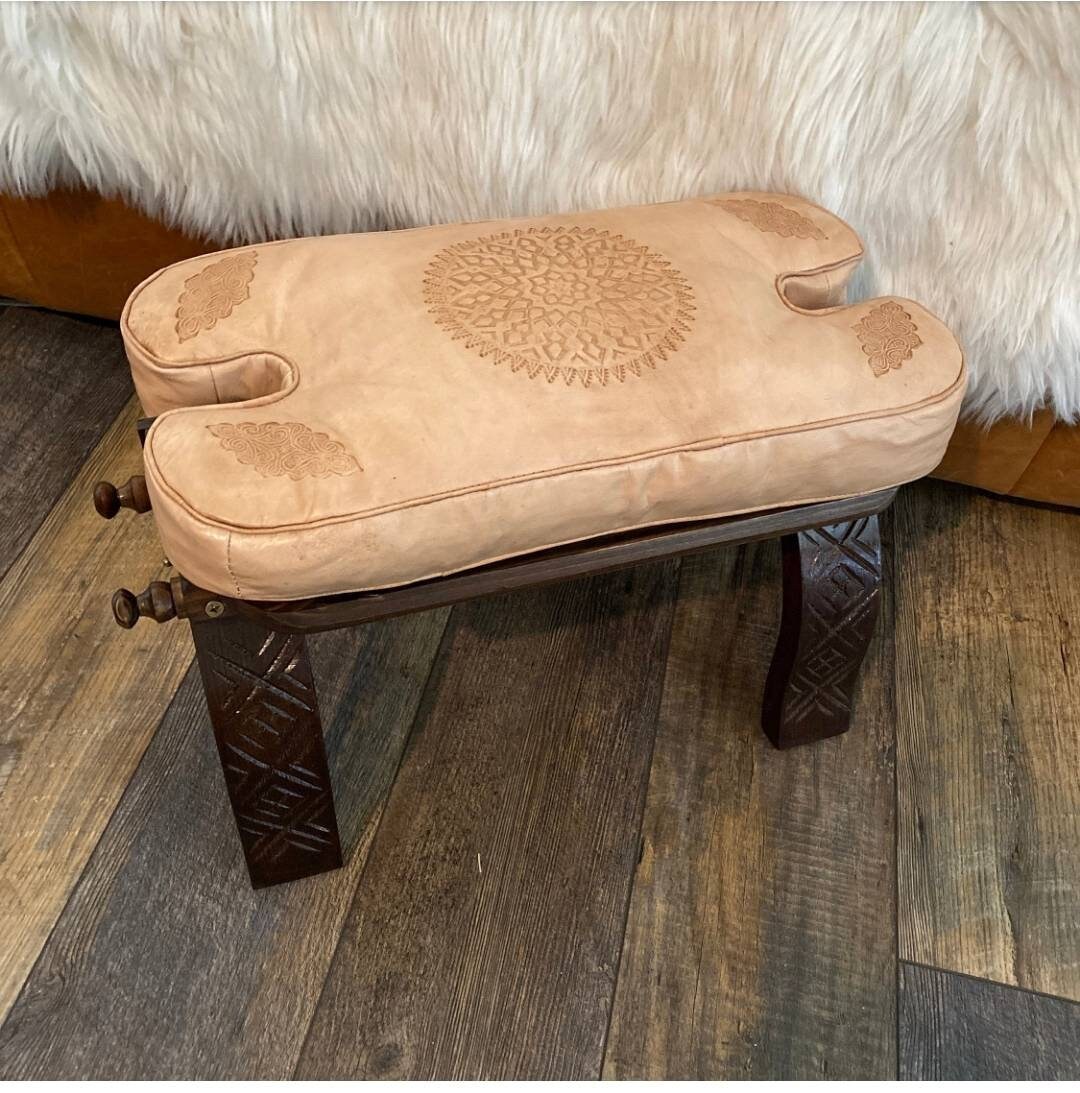 Handmade Moroccan Footstool, Carved Wooden Stool With Genuine Leather ...