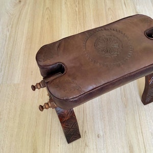 Handmade Moroccan Footstool, Carved Wooden Stool With Genuine Leather ...